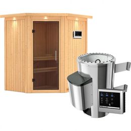 Karibu Sauna Tonja, Easy Finnisch 3,6 kW Ofen, Ganzglast&uuml;r,graphit,mit Dachkranz