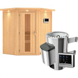 Karibu Sauna Tonja, Easy Finnisch 3,6 kW Ofen, Holzt&uuml;r mit Isolierglas,Klarglas,mit Dachkranz