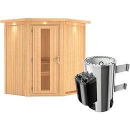 Karibu Sauna Tonja, 3,6 kW Ofen, Plug&Play int. Steuerung, Holzt&uuml;r mit Isolierglas,Klarglas,mit Dachkranz