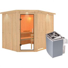 Karibu Sauna Malin, 9 kW int. Steuerung, Ganzglast&uuml;r,Klarglas,mit Dachkranz