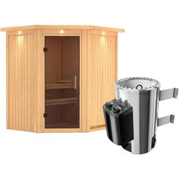 Karibu Sauna Tonja, 3,6 kW Ofen, Plug&Play int. Steuerung, Ganzglast&uuml;r,graphit,mit Dachkranz