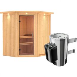 Karibu Sauna Tonja, 3,6 kW Ofen, Plug&Play int. Steuerung, Ganzglast&uuml;r,Klarglas,mit Dachkranz