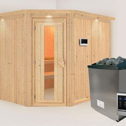 Karibu Sauna Malin, 9 kW ext. Steuerung Easy Finnisch, Holzt&uuml;r mit Isolierglas,Klarglas,mit Dachkranz