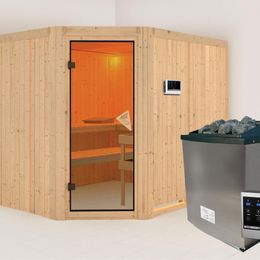 Karibu Sauna Malin, 9 kW ext. Steuerung Easy Finnisch, bronziert,Ganzglast&uuml;r,ohne Dachkranz