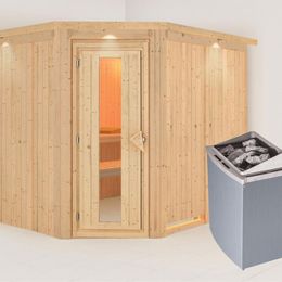 Karibu Sauna Malin, 9 kW int. Steuerung, Holzt&uuml;r mit Isolierglas,Klarglas,mit Dachkranz