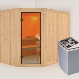 Karibu Sauna Malin, 9 kW int. Steuerung, bronziert,Ganzglast&uuml;r,ohne Dachkranz