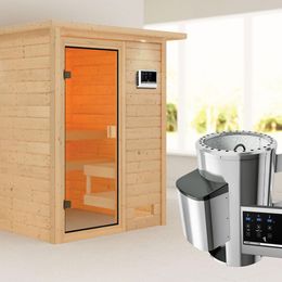 Karibu Woodfeeling Sauna Sandra, Easy Finnisch 3,6 kW Ofen, mit Dachkranz