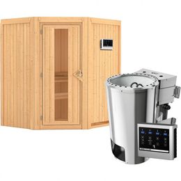 Karibu Sauna Tonja, Easy Bio 3,6 kW Ofen, Holzt&uuml;r mit Isolierglas,Klarglas,ohne Dachkranz