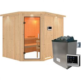 Karibu Sauna Malin, 9 kW ext. Steuerung Easy Finnisch, Ganzglast&uuml;r,Klarglas,mit Dachkranz