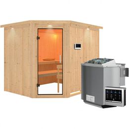 Karibu Sauna Malin, 9 kW ext. Steuerung Easy Bio, Ganzglast&uuml;r,Klarglas,mit Dachkranz