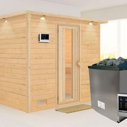 Karibu Sauna Sonara, 9 kW ext. Steuerung Easy Finnisch, Holzt&uuml;r mit Isolierglas,Klarglas,mit Dachkranz