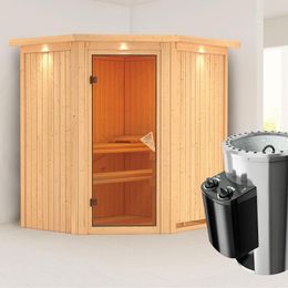 Karibu Sauna Tonja, 3,6 kW Ofen, Plug&Play int. Steuerung, bronziert,Ganzglast&uuml;r,mit Dachkranz