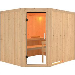 Karibu Sauna Malin, ohne Ofen, Ganzglast&uuml;r,Klarglas,ohne Dachkranz