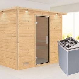 Karibu Sauna Sonara, 9 kW int. Steuerung, Ganzglast&uuml;r,graphit,mit Dachkranz
