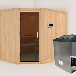 Karibu Sauna Malin, 9 kW ext. Steuerung Easy Finnisch, Ganzglast&uuml;r,graphit,ohne Dachkranz
