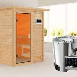 Karibu Woodfeeling Sauna Sandra, Easy Bio 3,6 kW Ofen, mit Dachkranz