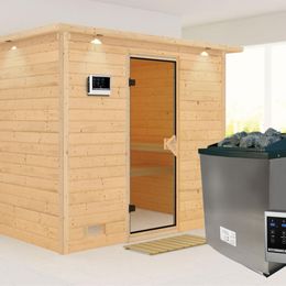 Karibu Sauna Sonara, 9 kW ext. Steuerung Easy Finnisch, bronziert,Ganzglast&uuml;r,mit Dachkranz