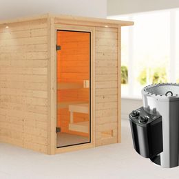 Karibu Woodfeeling Sauna Sandra, 3,6 kW Ofen, Plug&Play int. Steuerung, mit Dachkranz