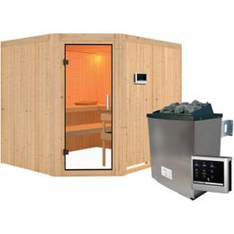 Karibu Sauna Malin, 9 kW ext. Steuerung Easy Finnisch, Ganzglast&uuml;r,Klarglas,ohne Dachkranz