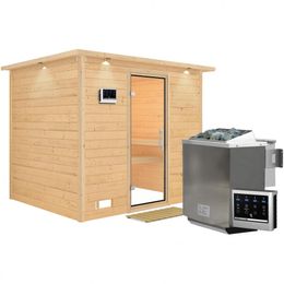 Karibu Sauna Sonara, 9 kW ext. Steuerung Easy Bio, Ganzglast&uuml;r,Klarglas,mit Dachkranz