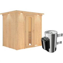 Karibu Sauna Fanja, 3,6 kW Ofen, Plug&Play int. Steuerung, Holzt&uuml;r mit Isolierglas,Klarglas,mit Dachkranz