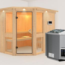 Karibu Sauna Amelia 3, 9 kW ext. Steuerung Easy Bio, mit Dachkranz