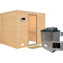 Karibu Sauna Sonara, 9 kW ext. Steuerung Easy Finnisch, Ganzglast&uuml;r,Klarglas,ohne Dachkranz