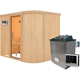 Karibu Sauna Titania 4, 9 kW ext. Steuerung Easy Finnisch, Ganzglast&uuml;r,Klarglas,ohne Dachkranz