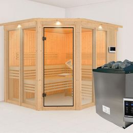 Karibu Sauna Ainur, 9 kW ext. Steuerung Easy Finnisch, mit Dachkranz