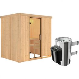 Karibu Sauna Fanja, 3,6 kW Ofen, Plug&Play int. Steuerung, Ganzglast&uuml;r,Klarglas,ohne Dachkranz