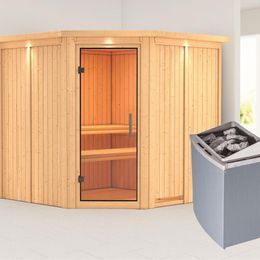 Karibu Sauna Jarin, 9 kW int. Steuerung, Ganzglast&uuml;r,Klarglas,mit Dachkranz