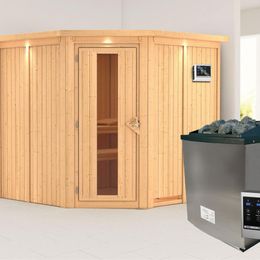 Karibu Sauna Jarin, 9 kW ext. Steuerung Easy Finnisch, Holzt&uuml;r mit Isolierglas,Klarglas,mit Dachkranz