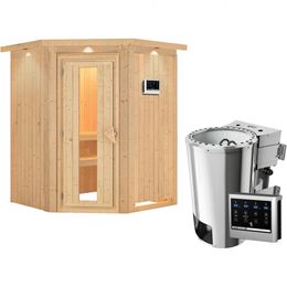 Karibu Sauna Nanja, Easy Bio 3,6 kW Ofen, Holzt&uuml;r mit Isolierglas,Klarglas,mit Dachkranz