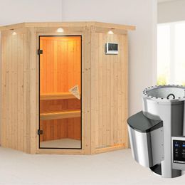 Karibu Sauna Nanja, Easy Finnisch 3,6 kW Ofen, bronziert,Ganzglast&uuml;r,mit Dachkranz