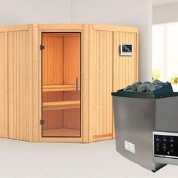 Karibu Sauna Jarin, 9 kW ext. Steuerung Easy Finnisch, Ganzglast&uuml;r,Klarglas,ohne Dachkranz