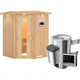 Karibu Sauna Nanja, Easy Finnisch 3,6 kW Ofen, Holzt&uuml;r mit Isolierglas,Klarglas,mit Dachkranz
