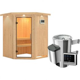 Karibu Sauna Nanja, Easy Finnisch 3,6 kW Ofen, Ganzglast&uuml;r,Klarglas,mit Dachkranz