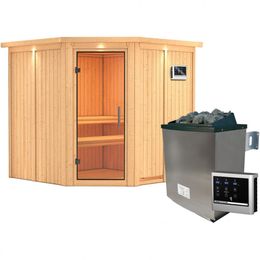 Karibu Sauna Jarin, 9 kW ext. Steuerung Easy Finnisch, Ganzglast&uuml;r,Klarglas,mit Dachkranz