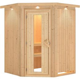 Karibu Sauna Nanja, ohne Ofen, Holzt&uuml;r mit Isolierglas,Klarglas,mit Dachkranz