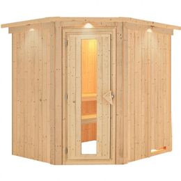 Karibu Sauna Lilja, ohne Ofen, Holzt&uuml;r mit Isolierglas,Klarglas,mit Dachkranz