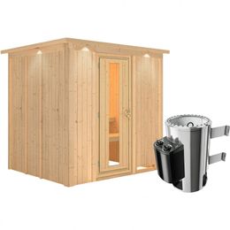 Karibu Sauna Daria, 3,6 kW Ofen, Plug&Play int. Steuerung, Holzt&uuml;r mit Isolierglas,Klarglas,mit Dachkranz