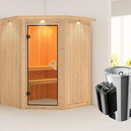 Karibu Sauna Nanja, 3,6 kW Ofen, Plug&Play int. Steuerung, bronziert,Ganzglast&uuml;r,mit Dachkranz