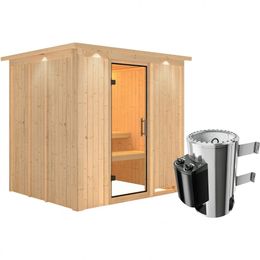 Karibu Sauna Daria, 3,6 kW Ofen, Plug&Play int. Steuerung, Ganzglast&uuml;r,Klarglas,mit Dachkranz
