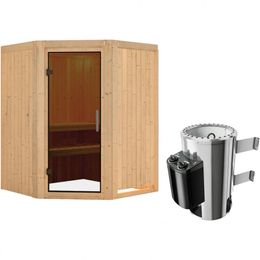 Karibu Sauna Nanja, 3,6 kW Ofen, Plug&Play int. Steuerung, Ganzglast&uuml;r,graphit,ohne Dachkranz