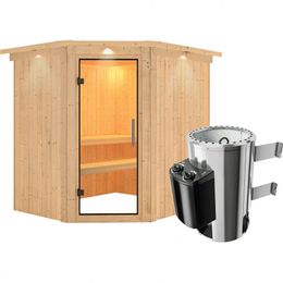 Karibu Sauna Lilja, 3,6 kW Ofen, Plug&Play int. Steuerung, Ganzglast&uuml;r,Klarglas,mit Dachkranz