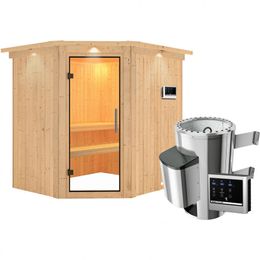 Karibu Sauna Lilja, Easy Finnisch 3,6 kW Ofen, Ganzglast&uuml;r,Klarglas,mit Dachkranz