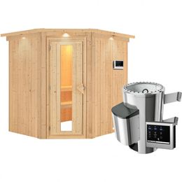 Karibu Sauna Lilja, Easy Finnisch 3,6 kW Ofen, Holzt&uuml;r mit Isolierglas,Klarglas,mit Dachkranz