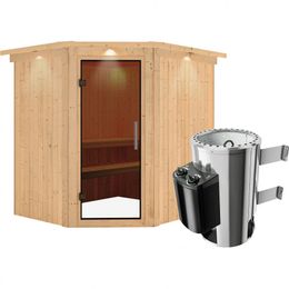 Karibu Sauna Lilja, 3,6 kW Ofen, Plug&Play int. Steuerung, Ganzglast&uuml;r,graphit,mit Dachkranz