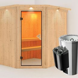 Karibu Sauna Lilja, 3,6 kW Ofen, Plug&Play int. Steuerung, bronziert,Ganzglast&uuml;r,mit Dachkranz