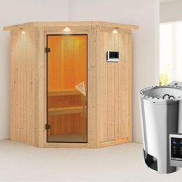 Karibu Sauna Nanja, Easy Bio 3,6 kW Ofen, bronziert,Ganzglast&uuml;r,mit Dachkranz